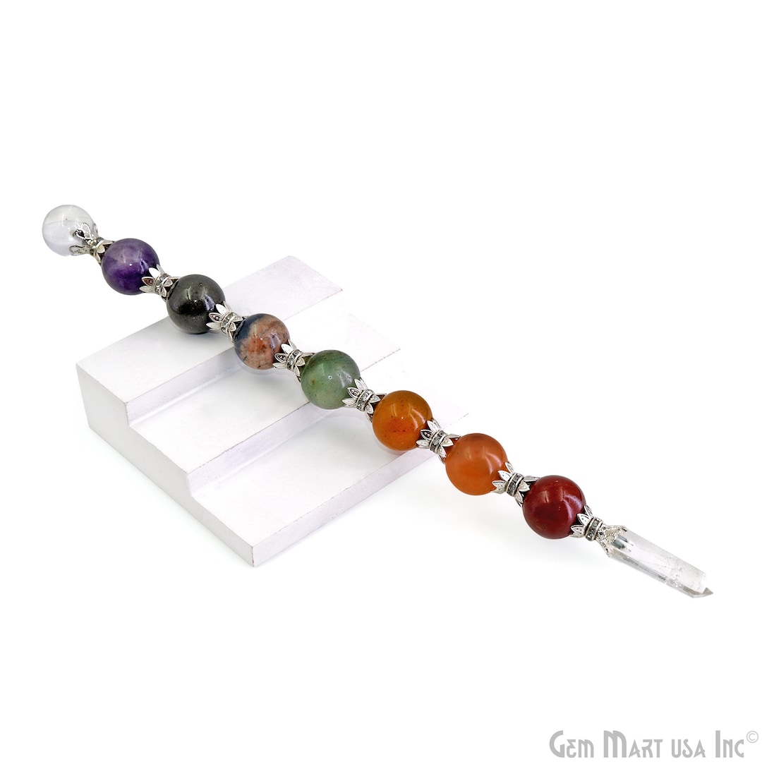 7 Chakra Round Crystal Wand 9-inch,18mm Tumbled Stones With Crystal ...