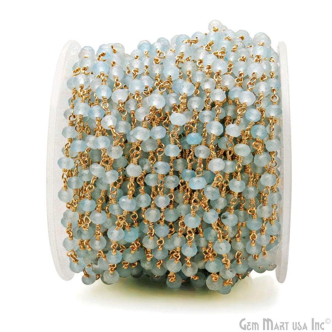 Light Blue Jade Chain, Rosary Chain, Gold Plated, Faceted Bead Chains ...