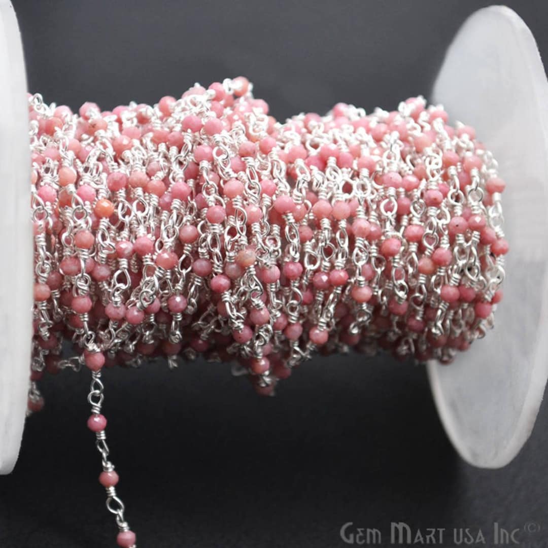 Rhodochrosite Rosary Chain, Rondelle Beads Chain, Silver Rosary Chain ...