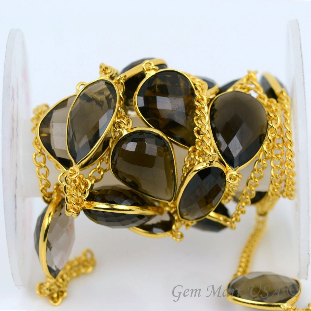One Foot Smoky Topaz, 15mm 24k Gold Plated Bezel Connectors Chain (GPST ...