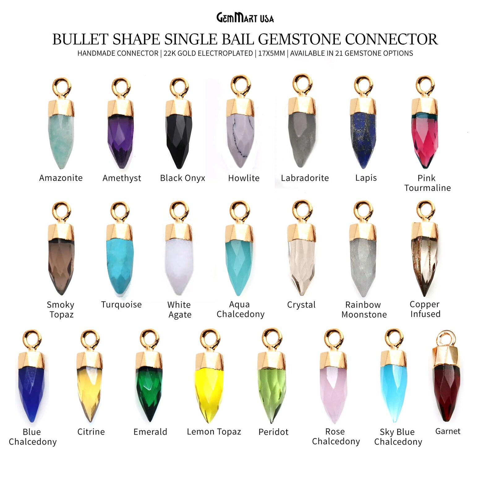 Bullet Shape Gemstone Connector, 17x5mm Bullet Spike Point Faceted ...