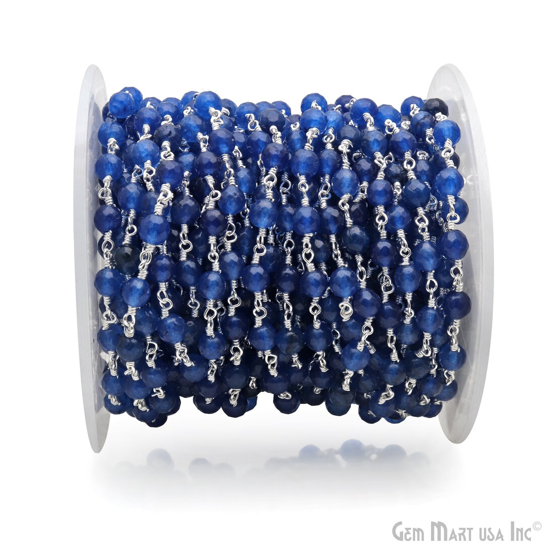 Blue Jade Beaded Rosary Chain, Silver Plated Chain, Round Rosary Beads ...