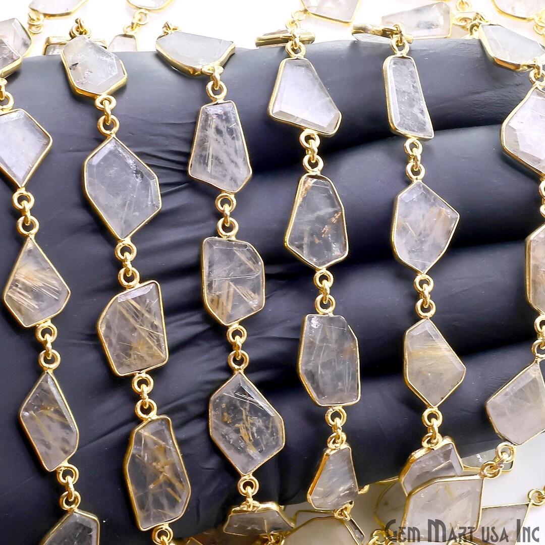 Golden Rutile Free Form Rosary Chain, Bezel Gemstone Chains, Gold ...