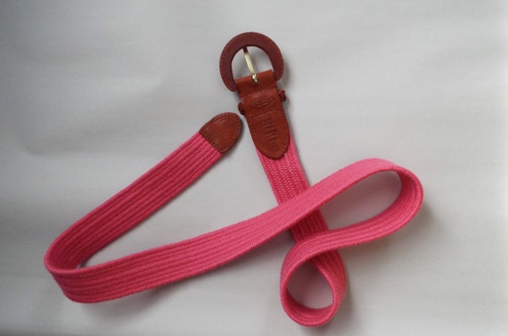 ROSE pink elastic belt | chestnut leather belt | 1990… - Gem