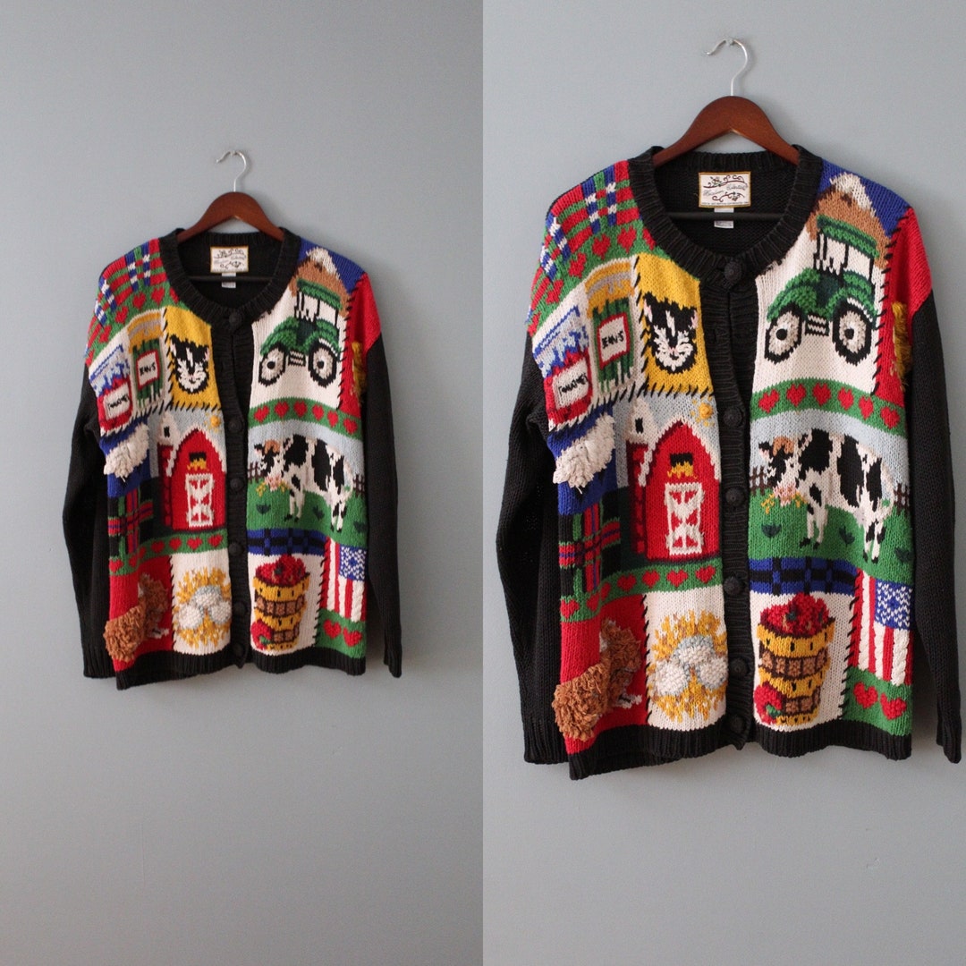 FARM Intarsia Cardigan 1990s Farm Life Cow Barn Bushels Cats Jam Jars ...