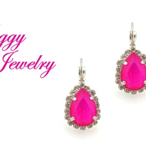 Electric Neon Pink Crystal Pear Shaped Earrings, Hot Summery Pink ...