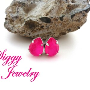 Electric Neon Pink Crystal Pear Shaped Earrings, Hot Summery Pink ...