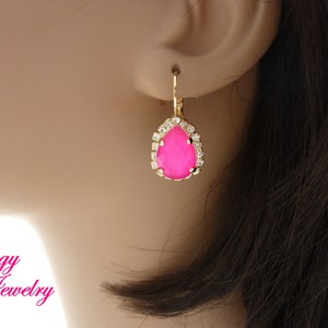 Electric Neon Pink Crystal Pear Shaped Earrings, Hot Summery Pink ...