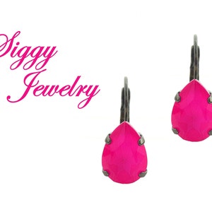 Electric Neon Pink Crystal Pear Shaped Earrings, Hot Summery Pink ...