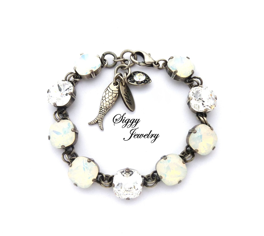 Austrian Crystal Bracelet, 12mm Linked Cushion Cut, White Opal, Clear ...