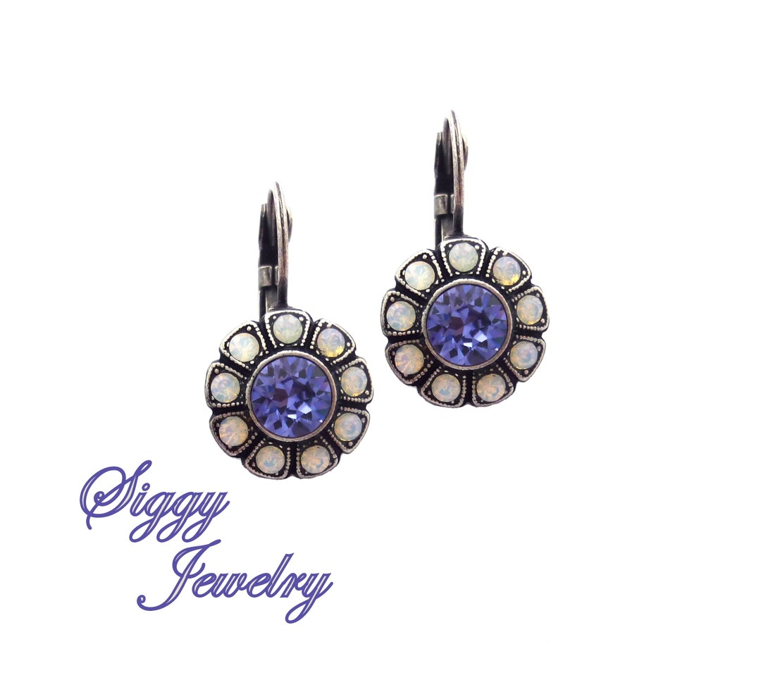 Austrian Crystal Daisy Flower Earrings, Purple, White Opal Petals ...