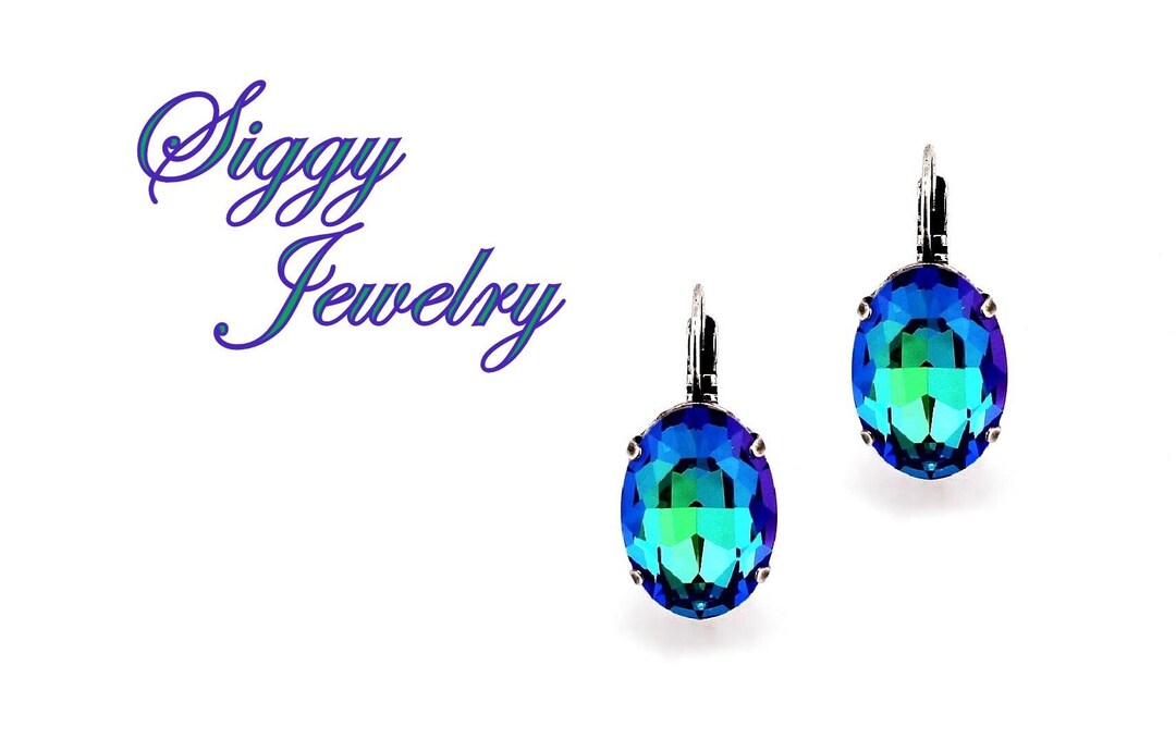 Sphinx Crystal Drop Earrings: Green Blue Oval, Large Lever Backs - Etsy