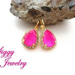 Electric Neon Pink Crystal Pear Shaped Earrings, Hot Summery Pink ...