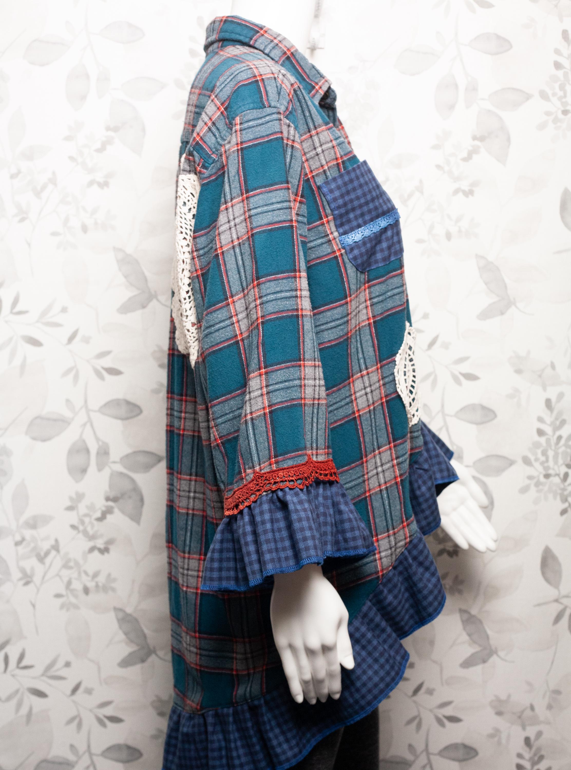 Upcycled Flannel Shacket Duster With Ruffled Sleeves and Hemline - Etsy