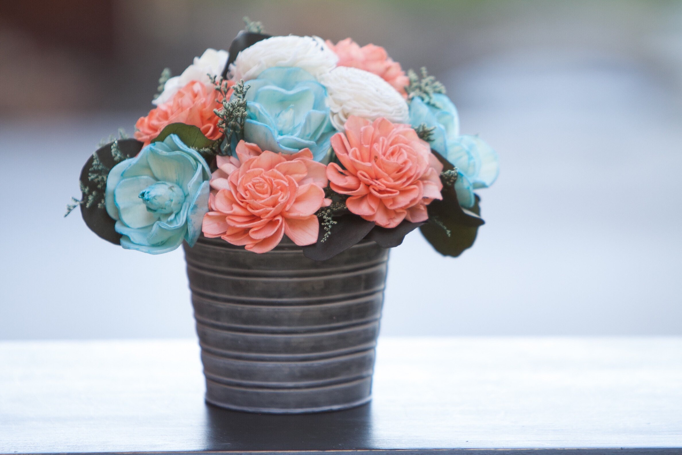 Coral, Turquoise and Ivory Tin Floral Arrangement - Keepsake Flowers