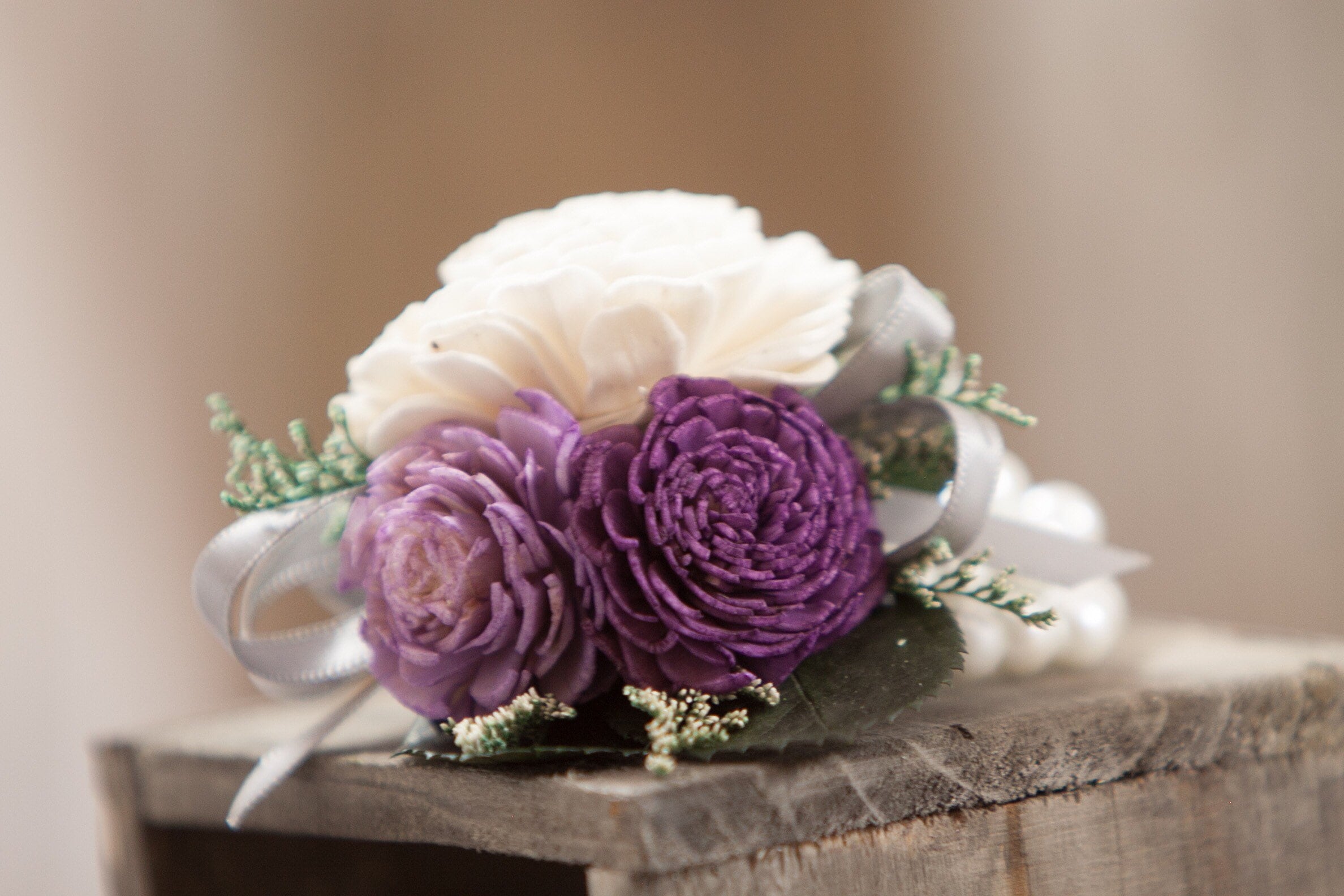 Woman's Purple Beaded Wristlet Corsage with Eucalyptus - Customizable