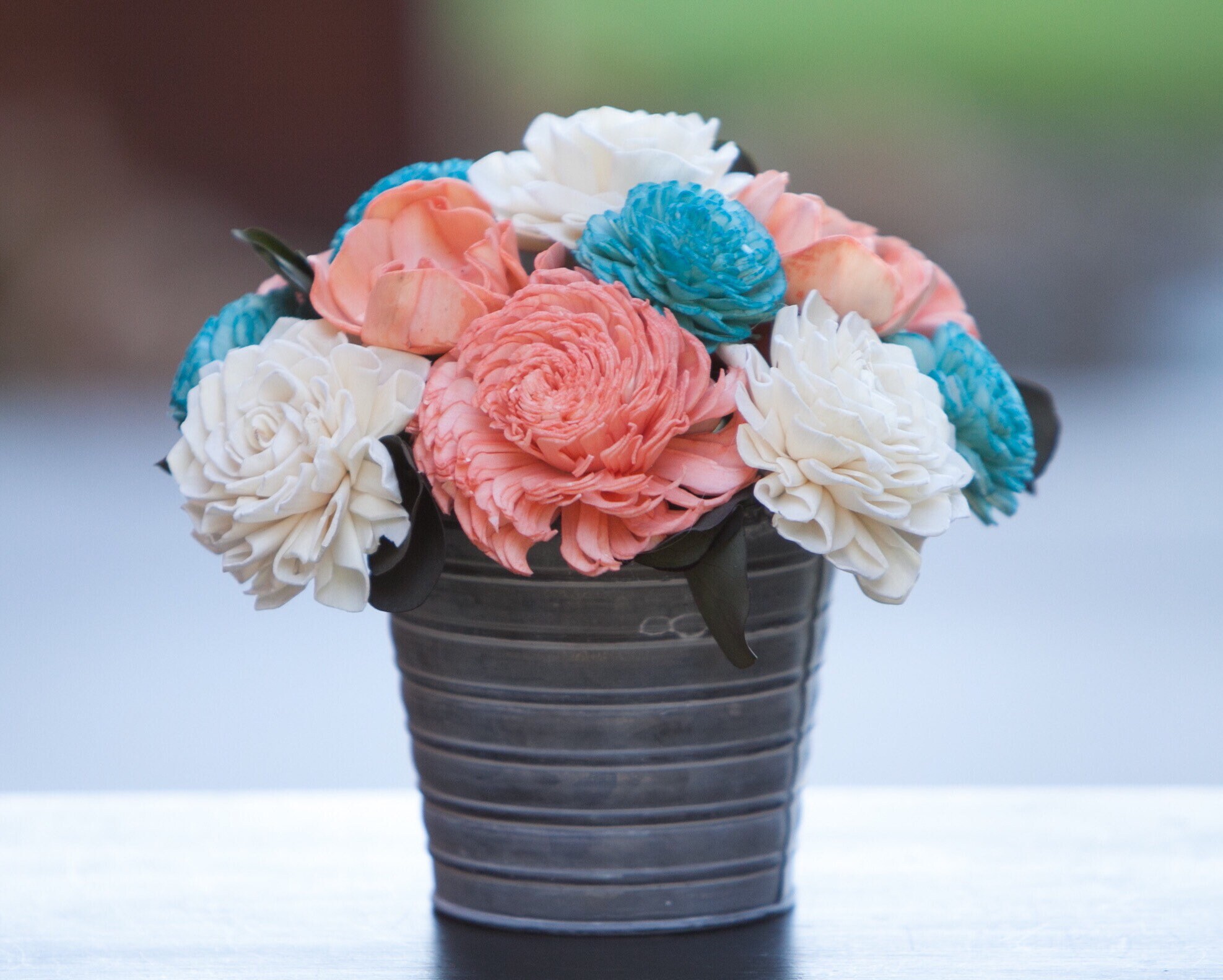 Coral, Teal and Ivory Tin Floral Arrangement - Keepsake Flowers