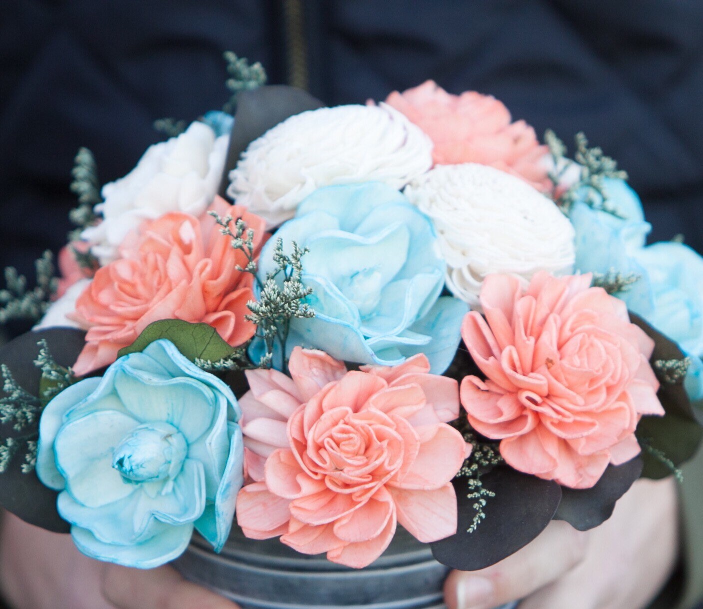 Coral, Turquoise and Ivory Tin Floral Arrangement - Keepsake Flowers
