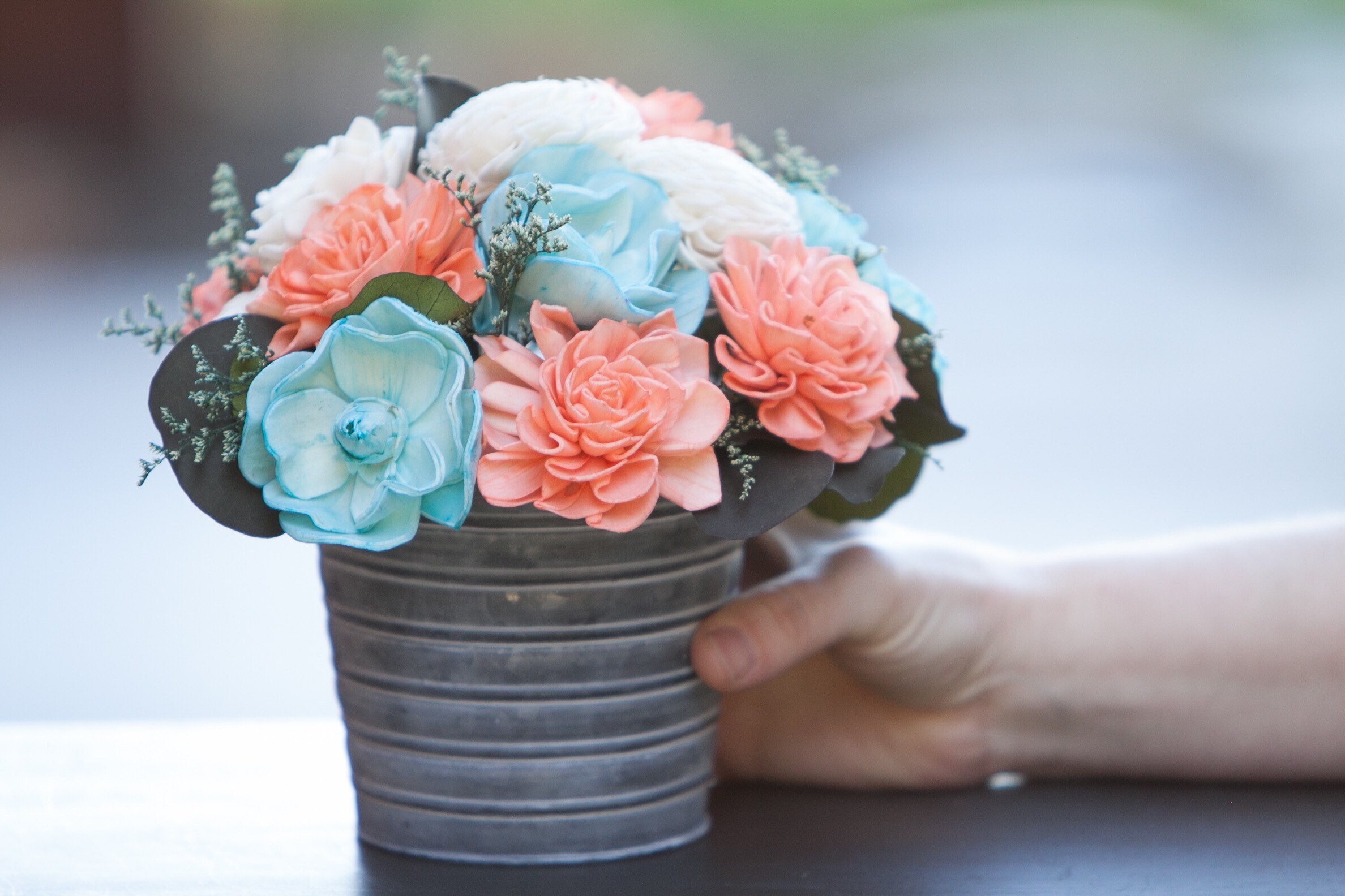 Coral, Turquoise and Ivory Tin Floral Arrangement - Keepsake Flowers