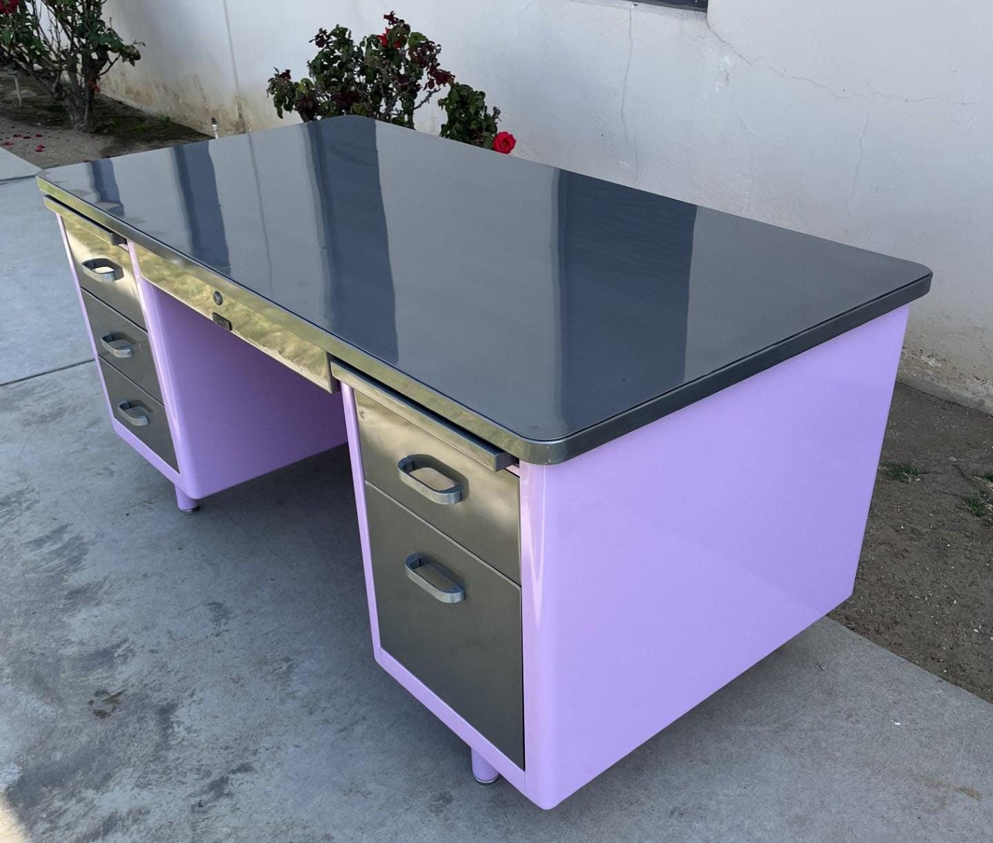 Vintage Mcdowell & Craig Metal Tanker Desk With Pink/purple Frame and ...