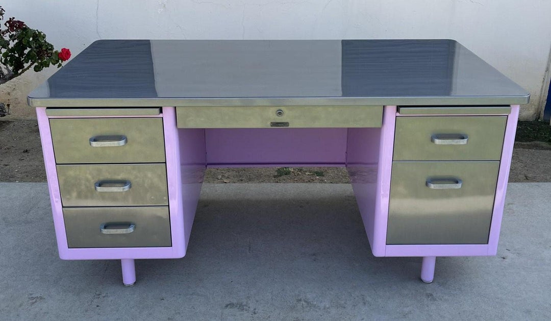 Allsteel Metal Tanker Desk With Pink Frame and Brushed Steel Finish Top ...