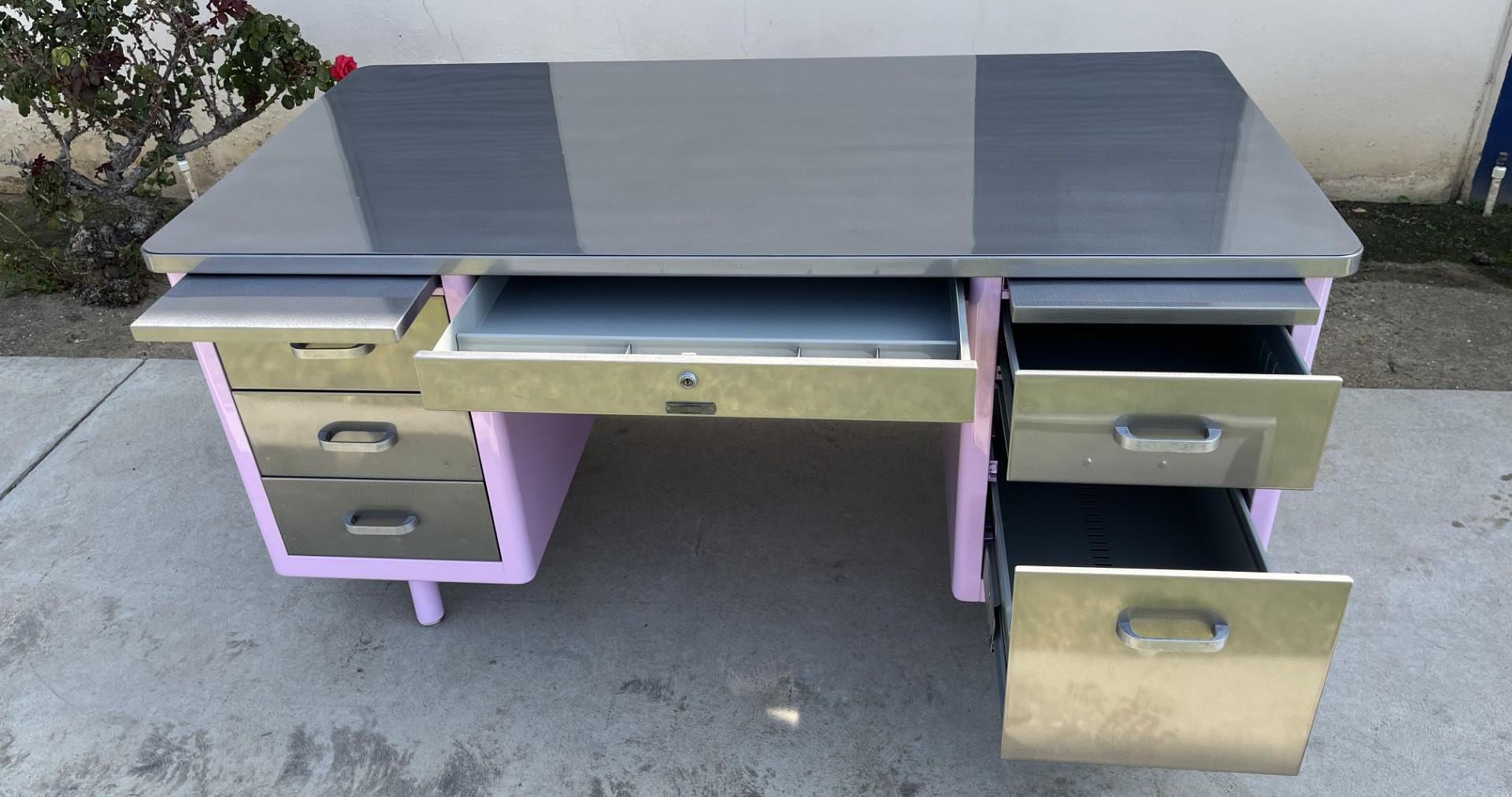 Vintage Mcdowell & Craig Metal Tanker Desk With Pink/purple Frame and ...