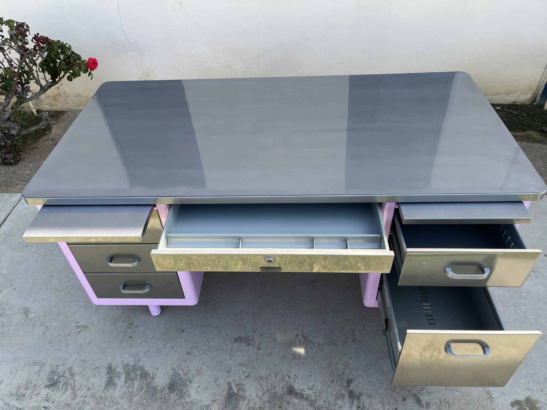 Vintage Mcdowell & Craig Metal Tanker Desk With Pink/purple Frame and ...
