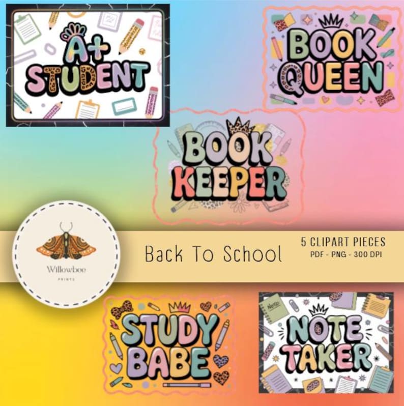 Retro Pastel School Clipart Bundle: Bubble Letters, Leopard & Glitter ...