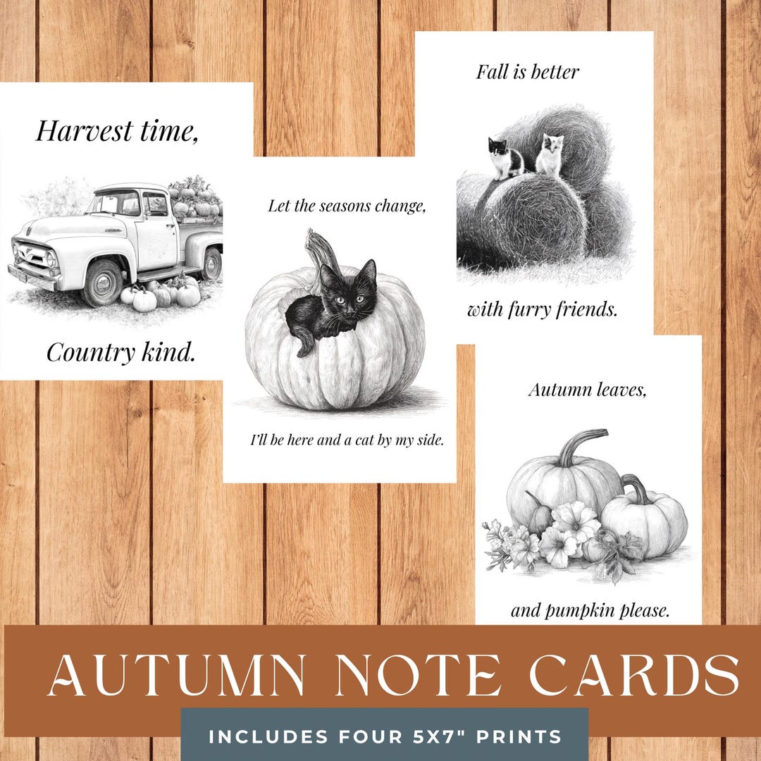 Autumn Note Cards: Black and White Line Drawing (printable PDF/PNG Set ...