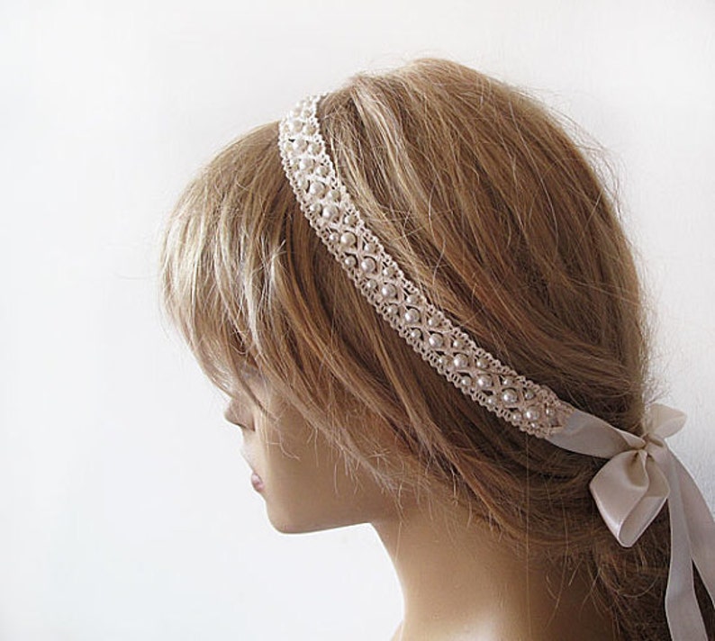 Bridal Pearl Headband Lace İvory Pearl Head Piece Wedding Etsy