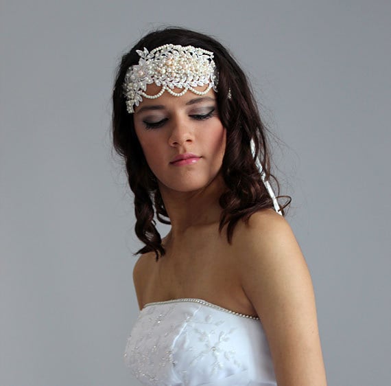 Pearl Wedding Headband Bridal Lace Headpiece Pearl and | Etsy