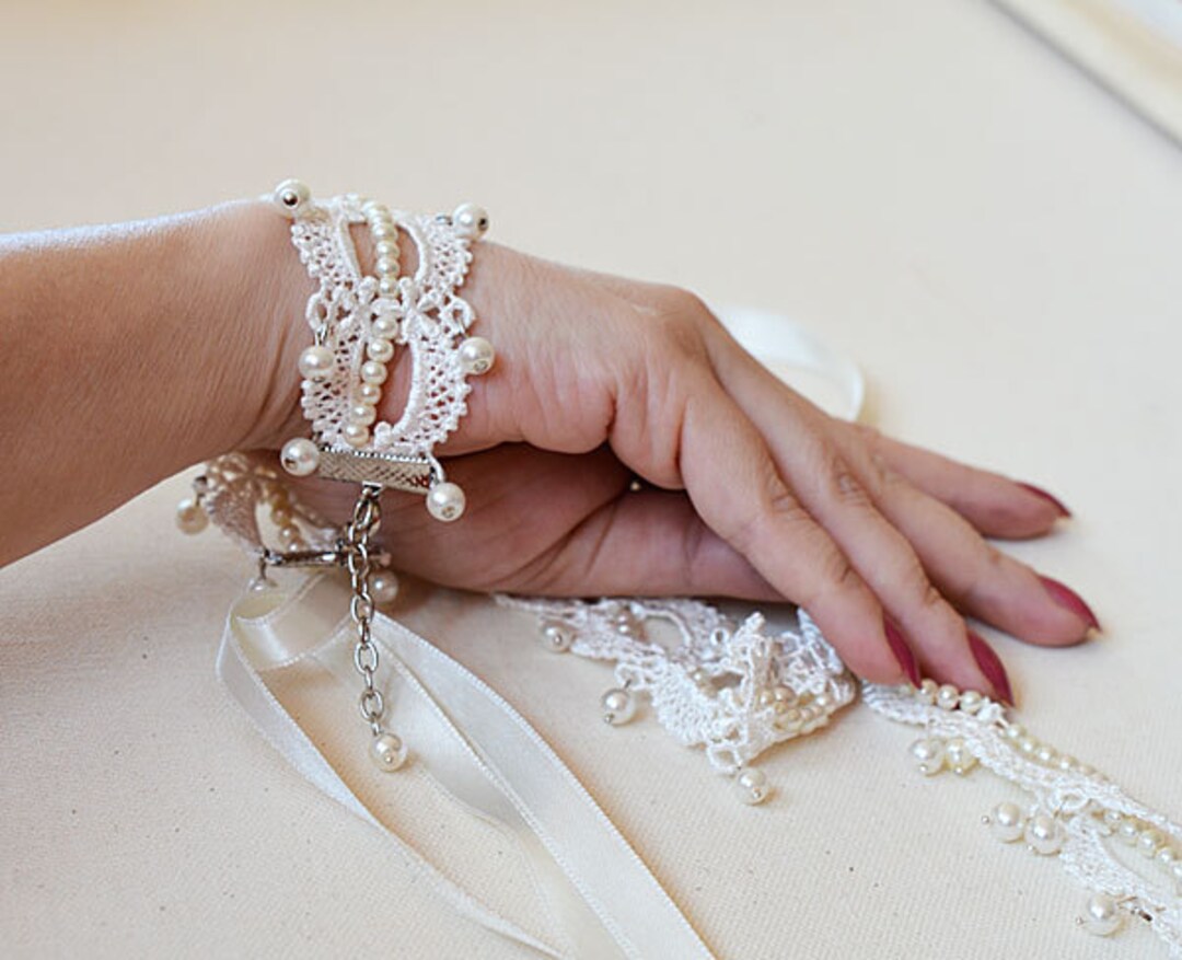 Pearls Lace Wedding Cuff, Bridal Pearl Cuff, Wedding Ivory Lace ...