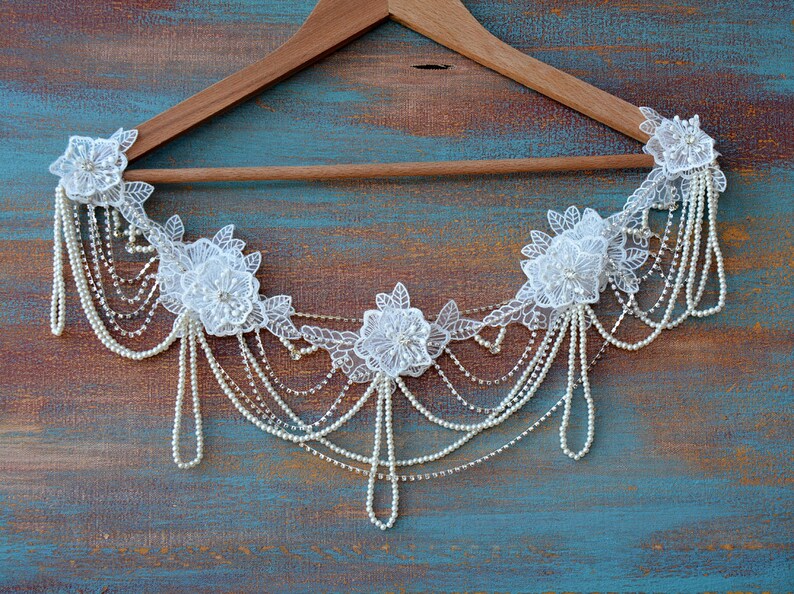 Lace and Pearl Shoulder Bridal Necklace, Handmade Wedding Dress ...