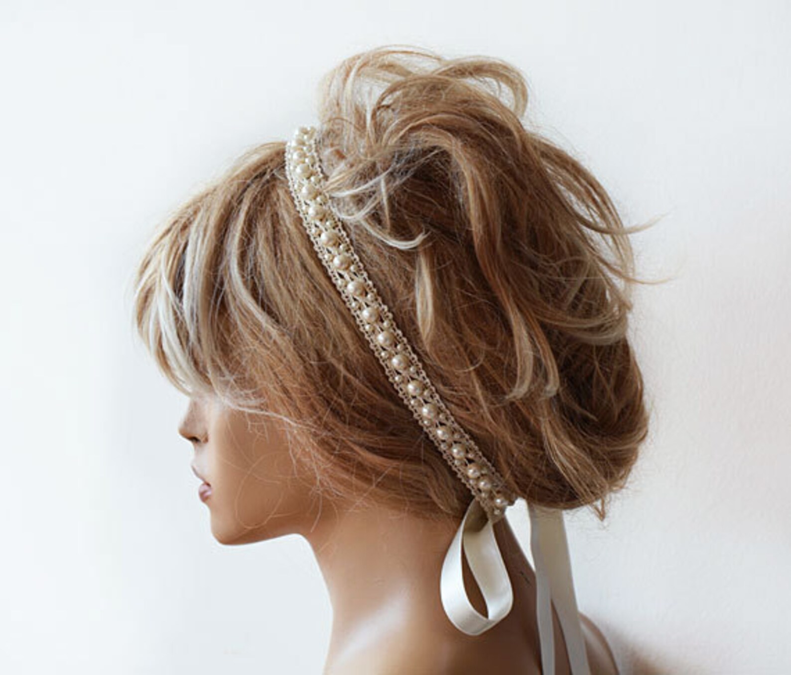 Bridal Pearl Headband Lace İvory Pearl Head Piece Wedding Etsy