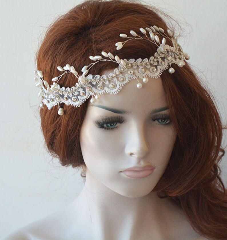 Ivory Lace And Pearl Headpiece Wedding Headband Bridal Etsy