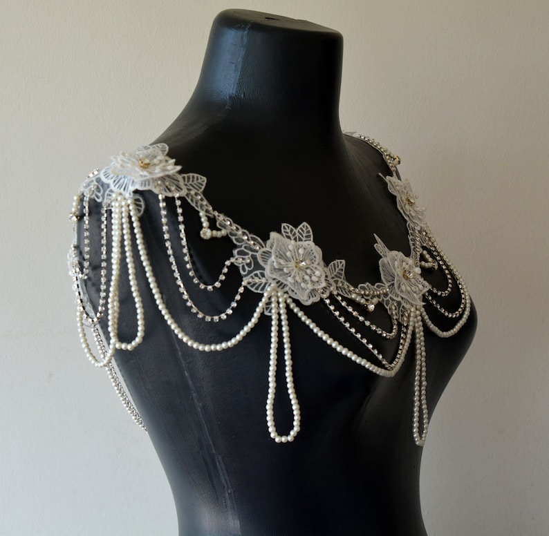 Lace and Pearl Shoulder Bridal Necklace, Handmade Wedding Dress ...