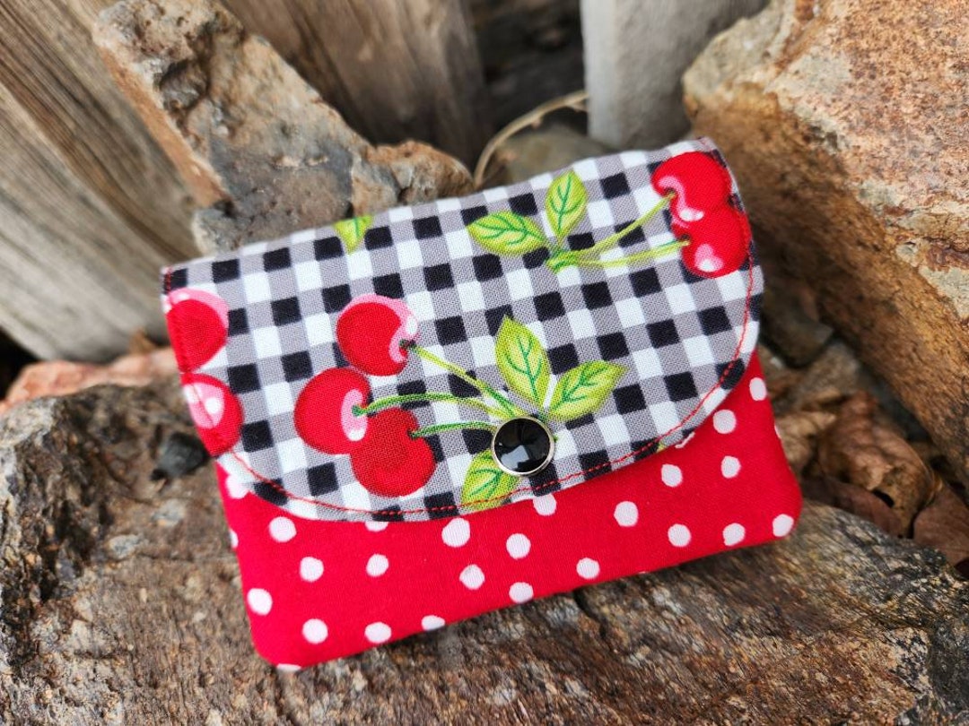 Cherry Business Card Holder, Small Gingham Wallet, Cherry Wallet With ...
