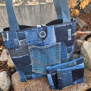 Denim Tote, Patchwork Denim Purse, Fabric Handbag, Tote With Outside ...
