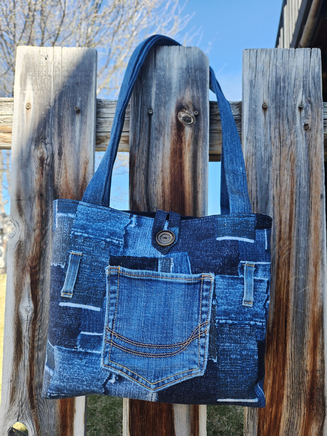 Denim Tote, Patchwork Denim Purse, Fabric Handbag, Tote With Outside ...
