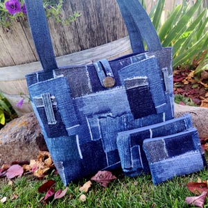 Denim Tote, Patchwork Denim Purse, Fabric Handbag, Tote With Outside ...