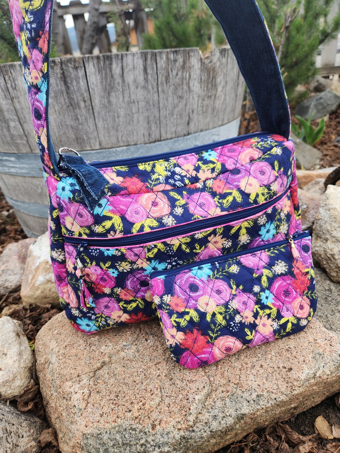 Quilted Purse, Pink & Navy Purse, Purse With Denim Pocket, Purse With 2 ...