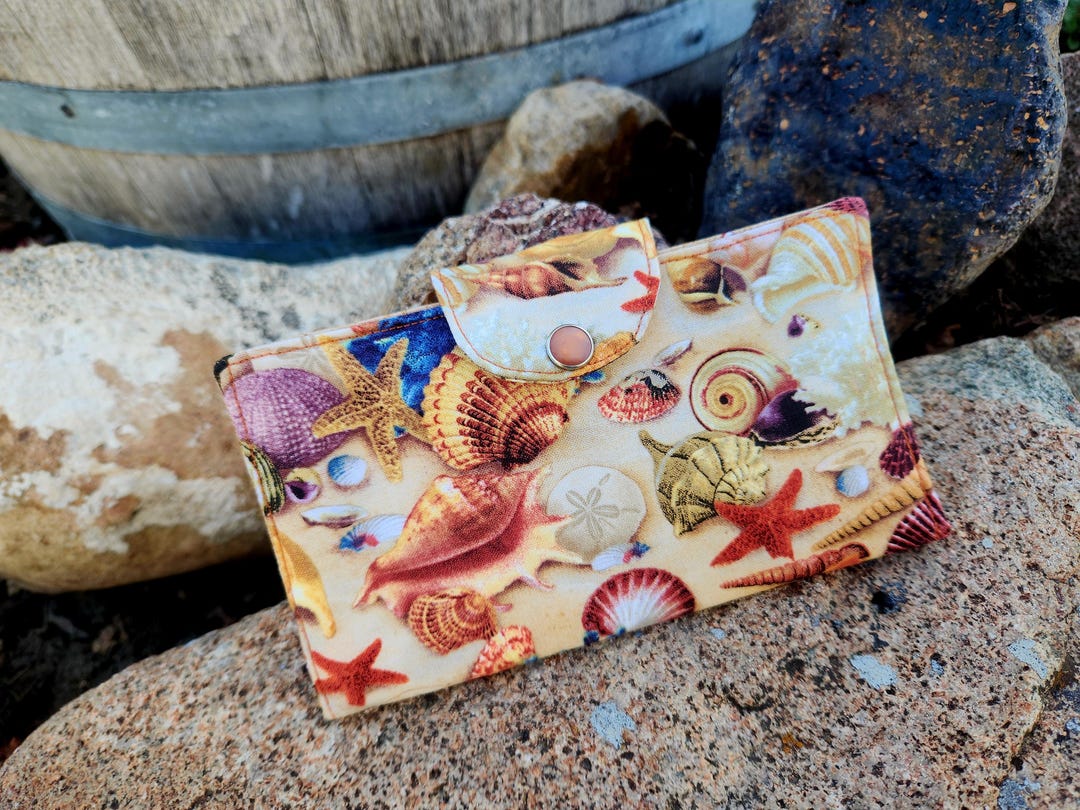 Seashell Checkbook Cover, Beach Themed Coupon Wallet, Fabric Checkbook ...