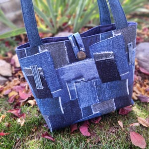 Denim Tote, Patchwork Denim Purse, Fabric Handbag, Tote With Outside ...