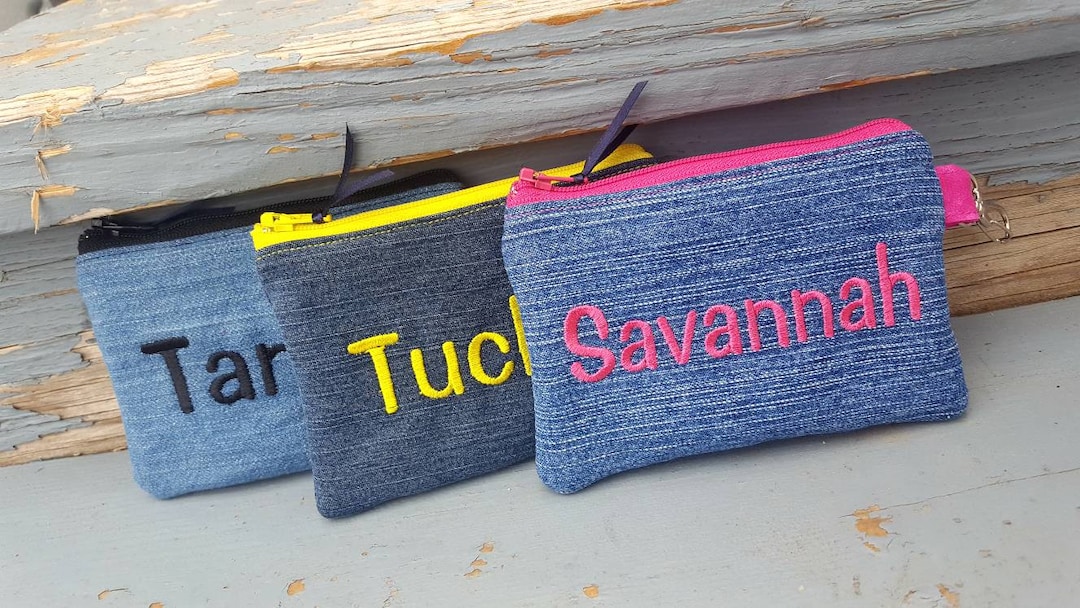 Denim Coin Purse, Personalized Zipper Wallet, Denim Pouch, Ear Bud ...