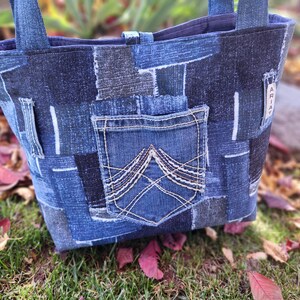 Denim Tote, Patchwork Denim Purse, Fabric Handbag, Tote With Outside ...