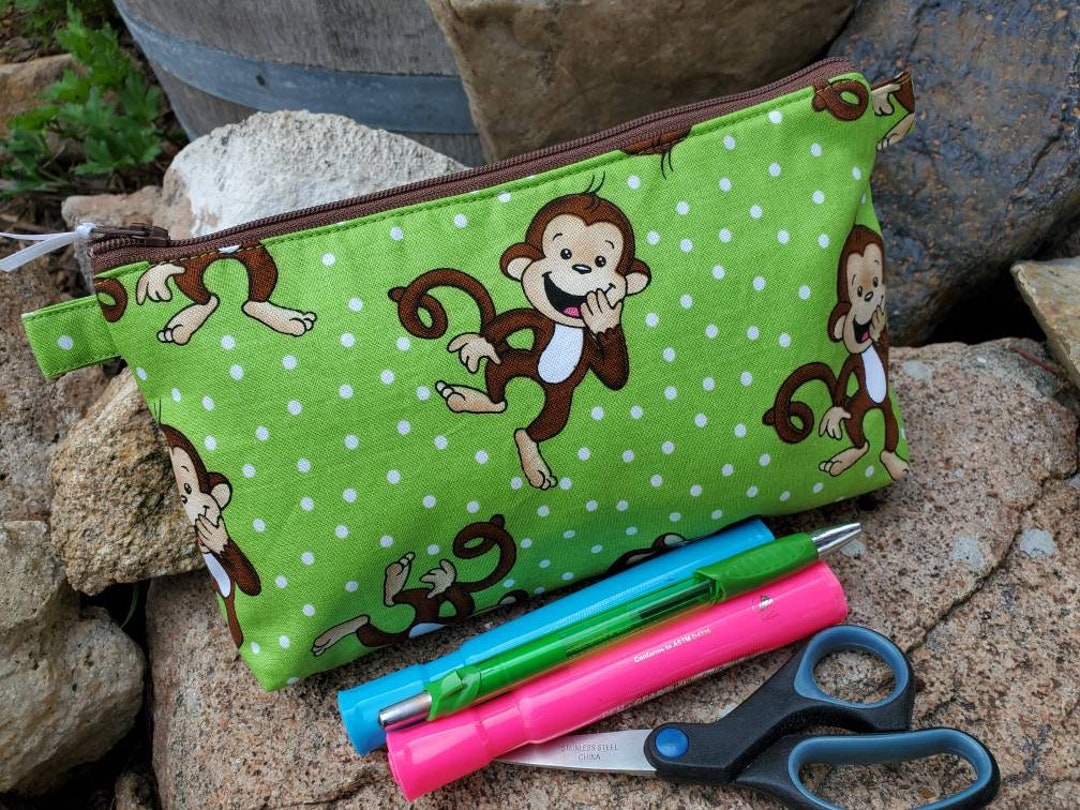 Monkey Pencil Pouch, Personalized School Supply Bag, Fabric Zipper Bag ...