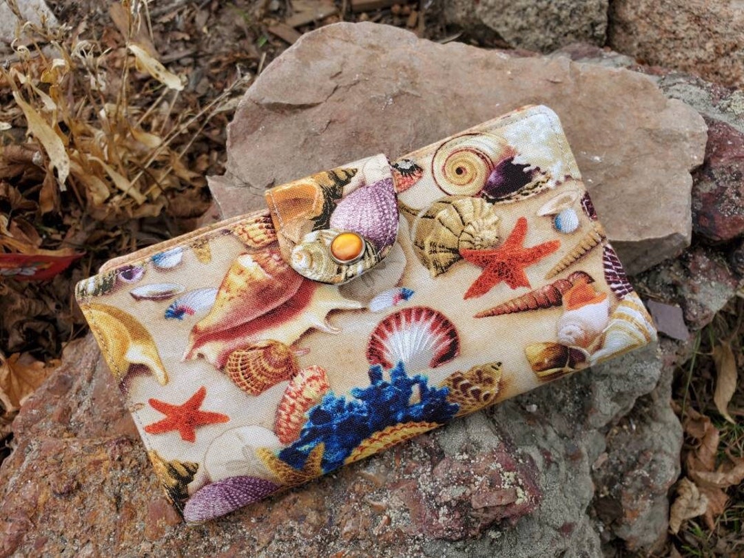 Seashell Checkbook Cover, Beach Themed Coupon Wallet, Fabric Checkbook ...