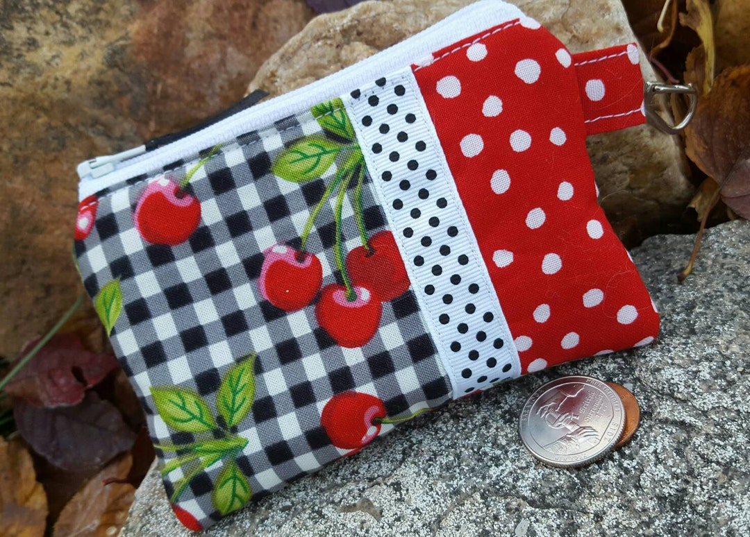 Cherry Coin Purse, Gingham Zipper Wallet, Cherry Zipper Wallet, Ear Bud ...