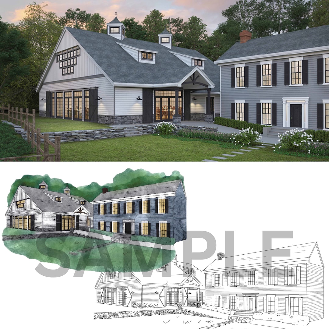 Inn at Millrace Pond Line Drawing and Watercolor Bundle DIGITAL ...