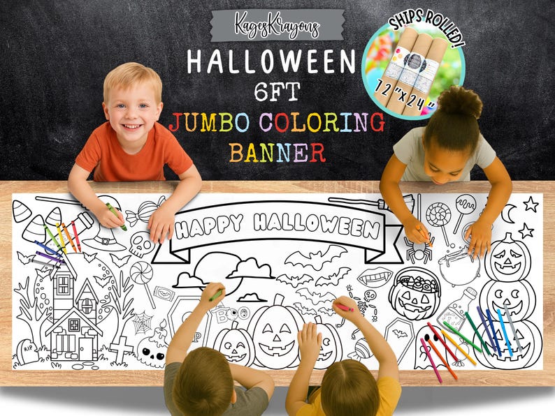 Halloween Coloring Page Banner – Giant 6ft Party Table Runner, Kids ...